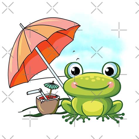 Frog Cute Frog At The Beach With Umbrella And Drink Vacation