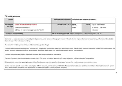 Idbp New Syllabus Unit 1 Introduction Into Economics Teaching Resources