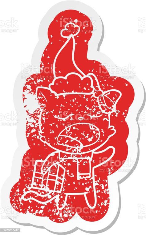 산타 모자를 쓰고 크리스마스 선물을 가진 고양이의 기발한 만화 고민 스티커 귀여운에 대한 스톡 벡터 아트 및 기타 이미지 귀여운 그런지 이미지 기법 나비매듭 Istock