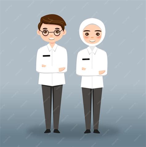 제복을 입은 남자 여자 히잡을 쓴 인도네시아 공무원의 일러스트 캐릭터 프리미엄 벡터