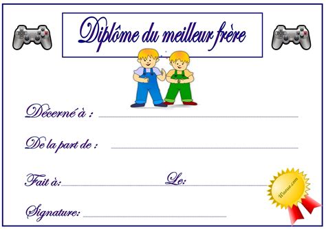 Diplôme Du Meilleur Frère Gratuit à Imprimer