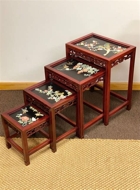 Antique Rosewood And Jade Chinoiserie Nesting Tables With Diorama Tops