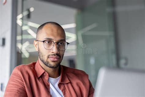 Serious Thinking Businessman Close Up Working With Laptop Inside Office Businessman Looking At