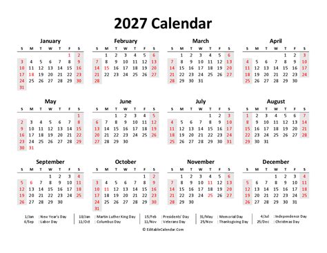 Free Printable Calendar 2027 Word Pdf Excel