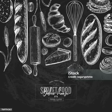 베이커리 세트 손으로 그린 빵 덩어리 크루아상 프레첼 마카롱 파이 바게트 밀가루 페이스트리 칠판 벡터 는 배너를 새겨 레스토랑과 카페 메뉴의 경우 베이커 숍 페이스트 과자