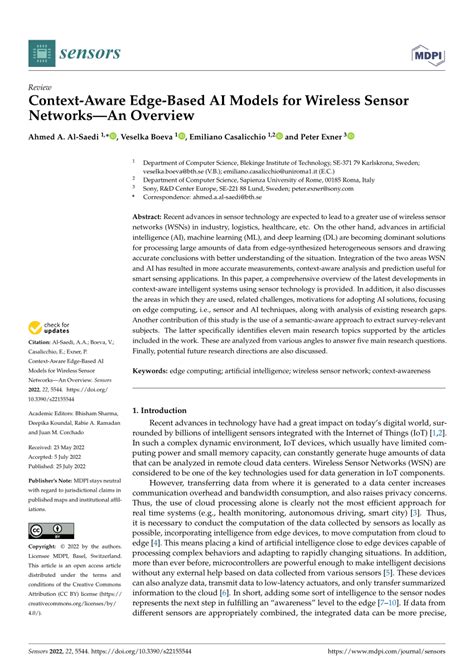 pdf context aware edge based ai models for wireless sensor networks—an overview