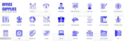 사무용품 개념은 단순한 평면 디자인으로 설정된 웹 아이콘입니다 성장 통화 관리자 프리젠 테이션 계약 주소록 문서 다이어그램 및 기타 팩 모바일 앱에 대 한 벡터 파란색