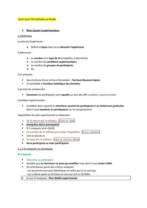 Td Méthodologie Suite Cours Td Méthodo Sur Feuille Plans Quasi Expérimentaux 1éfinition Le