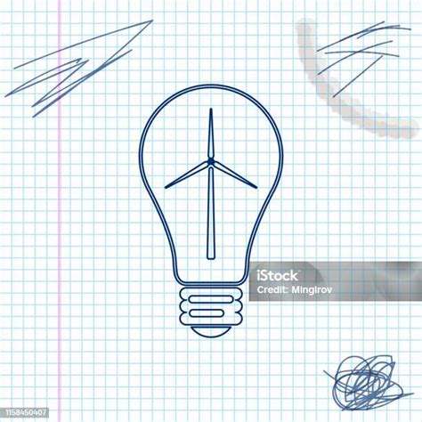 백색 배경에 고립 된 에너지 라인 스케치 아이콘의 환경 친화적 인 소스의 아이디어로 풍력 터빈전구 대체 에너지 개념 벡터 일러스트레이션 개념에 대한 스톡 벡터 아트 및 기타