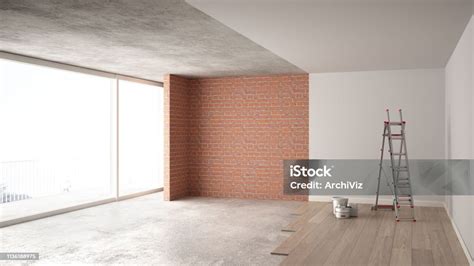 주택 개조 구조 조정 프로세스 수리 및 벽 그림 건설 개념 벽돌 및 페인트 벽 마루 바닥 벽 누워 및 취재 건축 인테리어 디자인 가리기에 대한 스톡 사진 및 기타 이미지