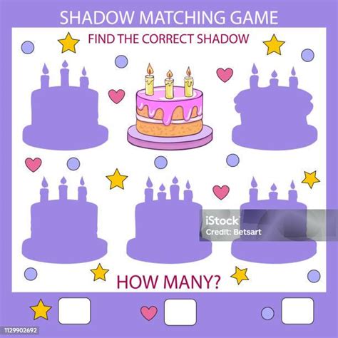 그림자 매칭 게임입니다 정확한 그림자 만화 케이크 초를 찾아 어린이 수수께끼 고 엔터테인먼트입니다 도 서에 대 한 활동 페이지입니다 워크시트 수 게임 아이 생일 장식입니다