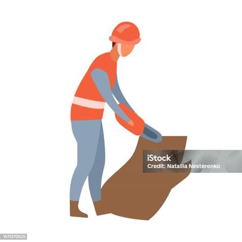 전기 톱 세미 플랫 컬러 벡터 캐릭터가있는 작업자 절단 트리 2차 도형에 대한 스톡 벡터 아트 및 기타 이미지 2차 도형