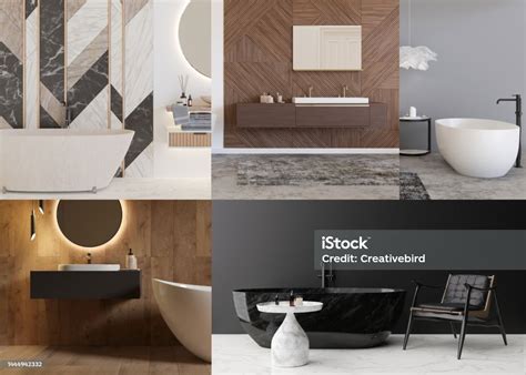 아름답고 현대적인 욕실이 있는 콜라주 현대적인 스타일의 홈 또는 호텔 인테리어 고급 욕실 인테리어 디자인 프로젝트 욕조 세면대 위생 용품 3d 렌더링 가구에 대한 스톡 사진