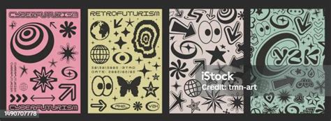 멋진 Y2k 포스터 벡터 디자인 세트 Retrofuturism 그래픽 요소 사이버펑크 플래카드 추상적인 기하학적 모양 밀레니엄에 대한 스톡 벡터 아트 및 기타 이미지