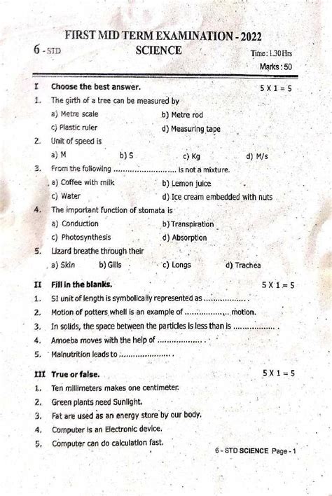 Tn 6th Science First Mid Term Question Paper 2023 Pdf