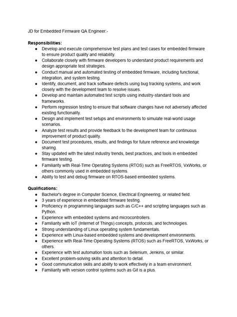 Jd For Embedded Firmware Qa Engineer Pdf