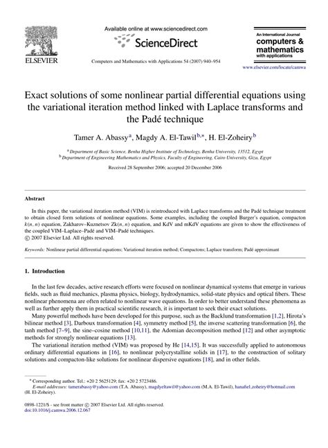 Pdf Exact Solutions Of Some Nonlinear Partial Differential Equations Using The Variational