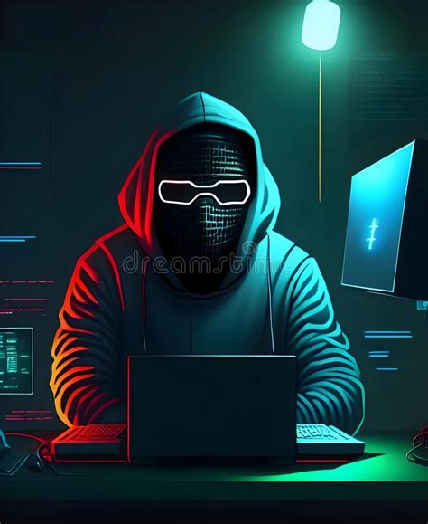 The Cyber Crime Hacker On The Computer System In The Dark Room Stock Illustration