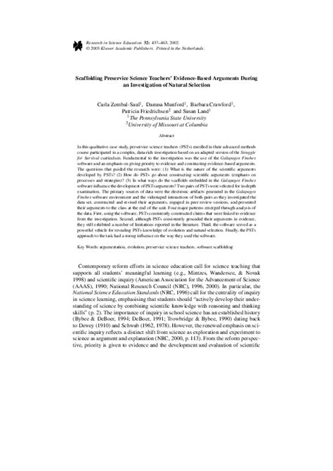 Pdf Scaffolding Preservice Science Teachers Evidence Based Arguments During An Investigation