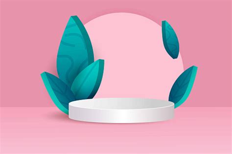 3d 연단 분홍색 방의 흰색 받침대 제품 프리젠 테이션 및 광고를위한 쇼케이스 나뭇잎이있는 파스텔 배경의 빈 둥근 플랫폼 최소한의 현대적인 에코 디자인 벡터 자연 배경