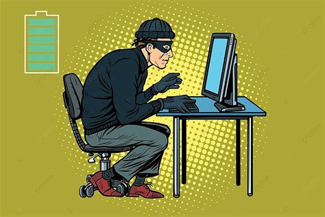 Caucasian Hacker Thief Hacking Into A Computer Criminal Fraud Cartoon Vector Criminal Fraud