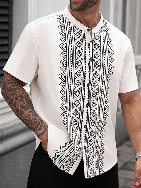 Plus Size Mens Geometric Pattern Short Sleeve Single Breasted Shirt