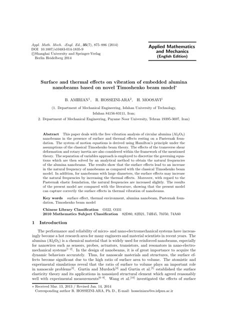Pdf Surface And Thermal Effects On Vibration Of Embedded Alumina Nanobeams Based On Novel