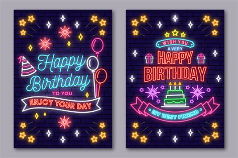 생일 축하해요 당신의 날 네온 사인을 즐길 수 있습니다 풍선과 생일 모자의 무리와 카드 전단지 포스터 벡터 생일 축하 엠블럼네온 디자인 야간 네온 간판 생일에 대한 스톡