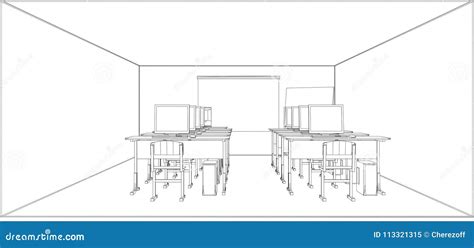Computer Class With Tables And Computers Stock Illustration