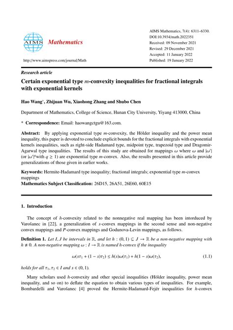 Pdf Certain Exponential Type M Convexity Inequalities For Fractional Integrals With