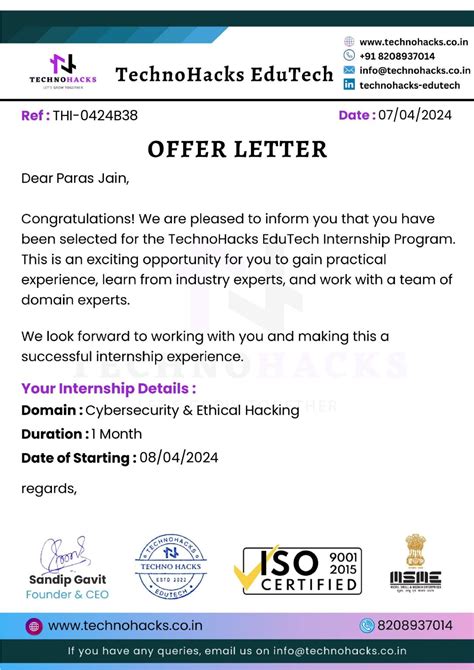 Paras Jain On Linkedin Cybersecurity Ethicalhacking Internship Technohacks