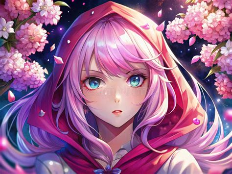 Anime Girl With Pink Hair And Red Hood Stock Vector Illustration Of
