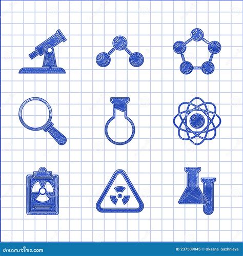 Set Test Tube And Flask Triangle With Radiation Atom Radiation Warning Document Magnifying