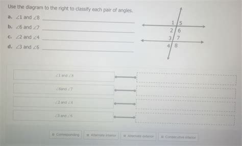 solved use the diagram to the right to classify each pair of angles a