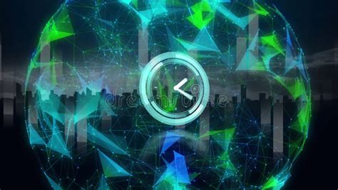 Animation Of Clock Moving Over Rotating Glowing Global Network Of