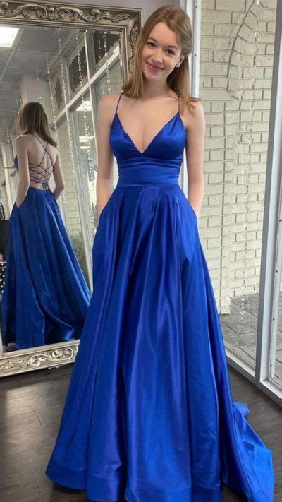 Sr1361v Neck Backless Royal Blue Long Prom Dress With Pocket Backless