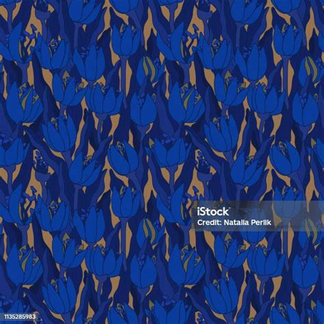 블루 울트라 마린 톤의 튤립 원활한 벡터 패턴의 밝은 색상으로 꽃 장식 0명에 대한 스톡 벡터 아트 및 기타 이미지 0명