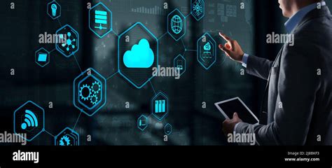 Futuristic Display Cloud Computing Touchscreen Interface Business Man Finger Touch Cloud Stock