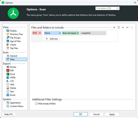 Using Treesize Options Dialog Scan Filter