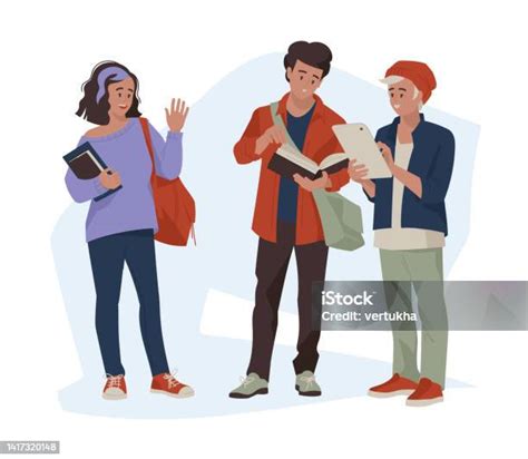 학생 학생 청소년 책을 흔들며 인사하는 소녀 태블릿을 가진 사람 책을 가진 학생 학교로 돌아 가기 가을에 대한 스톡 벡터 아트