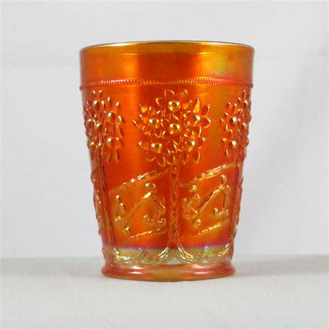 Antique Fenton Orange Tree Orchard Pumpkin Marigold Carnival Glass Tumbler Carnival Glass