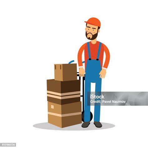 골 판지 상자를 트롤리에 일 만화 문자 벡터 일러스트 레이 션에 유니폼에 택배 배달 남자 독일에 대한 스톡 벡터 아트 및 기타 이미지 독일 만화 벡터 Istock