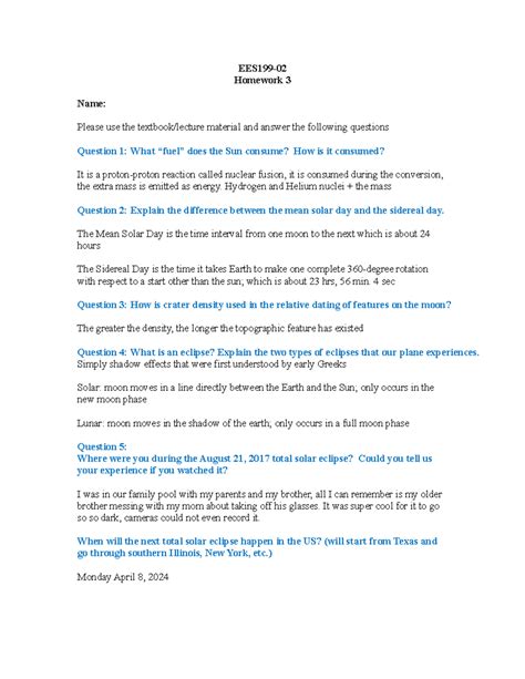 Homework 3 Ees199 Homework 3 Name Please Use The Textbooklecture