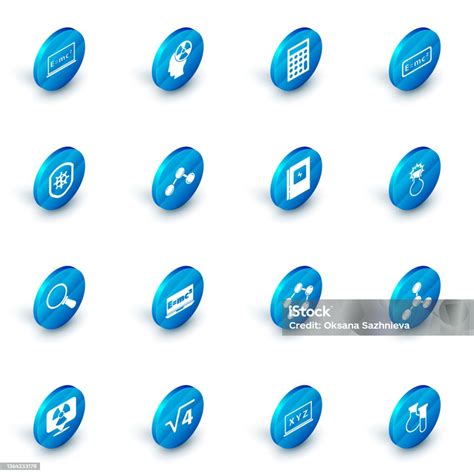 헤드 및 방사선 기호 계산기 방정식 용액 바이러스로부터 보호하는 방패 돋보기 분자 테스트 튜브 플라스크 및 전기 패널 아이콘을 설정합니다 벡터 3차원 형태에 대한 스톡 벡터