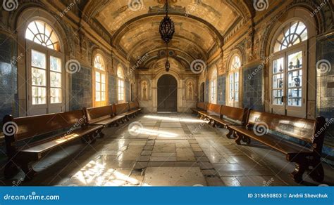 Sunlit Historic Interior With Arched Ceilings And Tiled Walls In A Majestic Old Building Stock