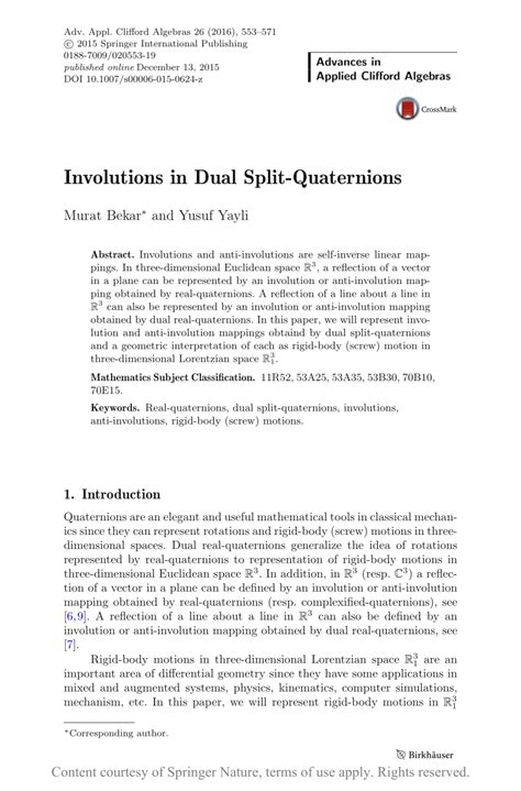 Involutions In Dual Split Quaternions Request Pdf