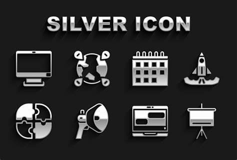 메가폰 로켓 칠판 채팅 메시지 노트북 퍼즐 조각 캘린더 컴퓨터 모니터 및 위치 지구본 아이콘을 설정합니다 벡터 검은색에 대한 스톡 벡터 아트 및 기타 이미지 Istock