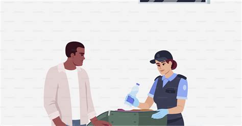 수하물 수취 검사 세미 플랫 Rgb 컬러 벡터 그림입니다 밀수를 위한 국경 통제 여성 장교 체크 가방 공항 승객과 직원은 흰색 배경에 만화 캐릭터를 고립시켰다 벡터