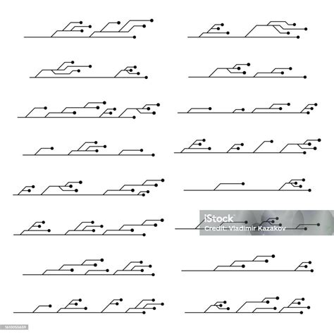 인쇄 회로 기판 Pcb 세트는 흰색 배경에 격리된 실루엣을 추적합니다 선과 점이 있는 테크니컬 클립아트 디자인용 디바이더 디자인 요소입니다 Cpu에 대한 스톡 벡터 아트 및