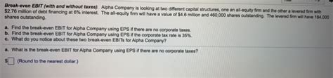 Solved Break Even Ebit With And Without Taxes Alpha
